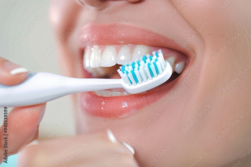 Brushing teeth with ultrasonic electric toothbrush close-up. Dental ...