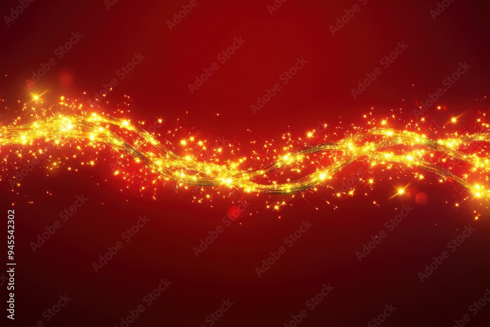 A red background with a long, curving line of gold sparkles. The ...