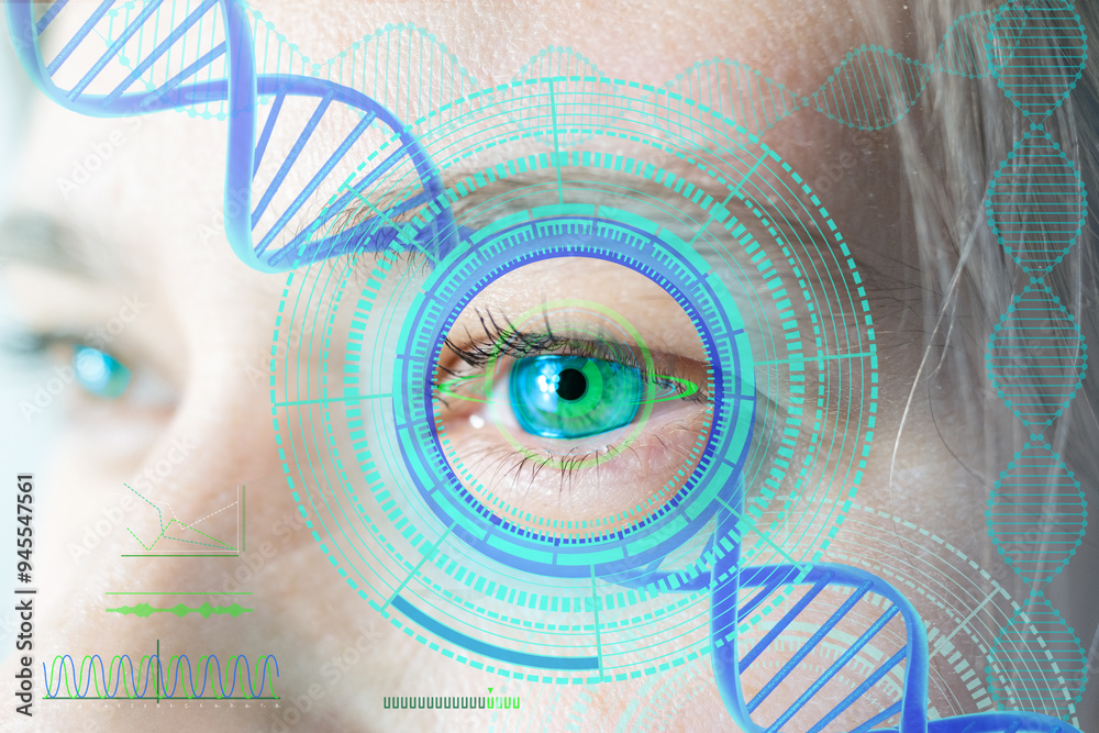 girl 25-30 years old, close up part female face, human bionic eye ...