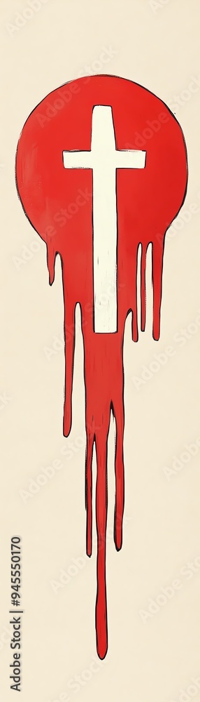 Abstract art featuring a white cross on a red circle with dripping ...