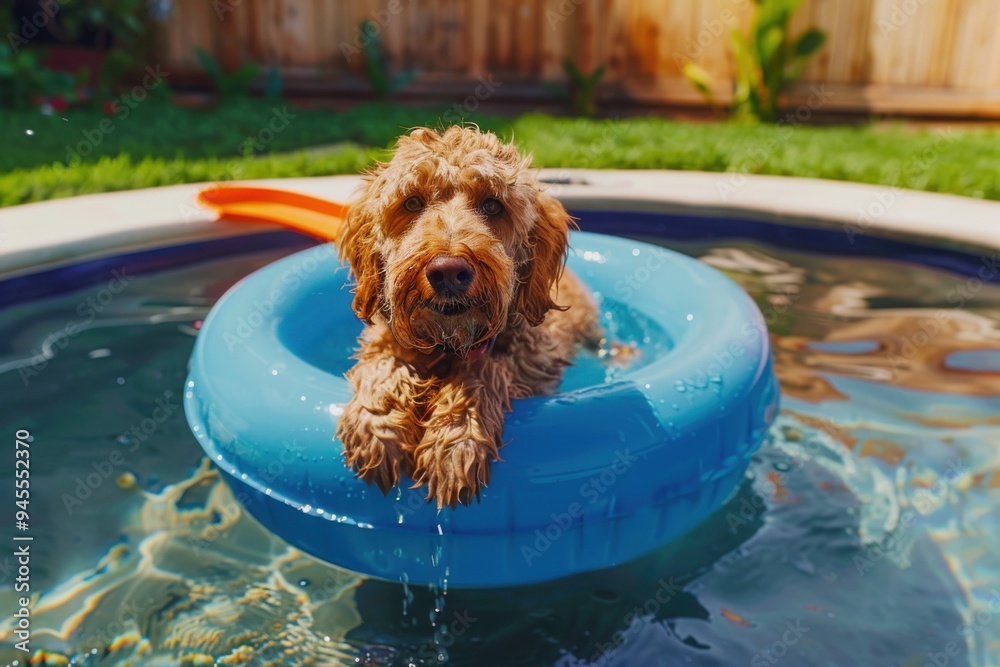 Miniature golden doodle in small splash pool to beat the summer heat ...