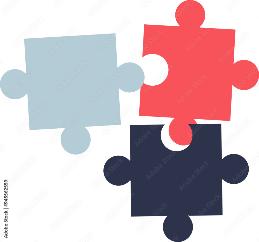 Three interlocking jigsaw puzzle pieces in red, blue, and yellow ...