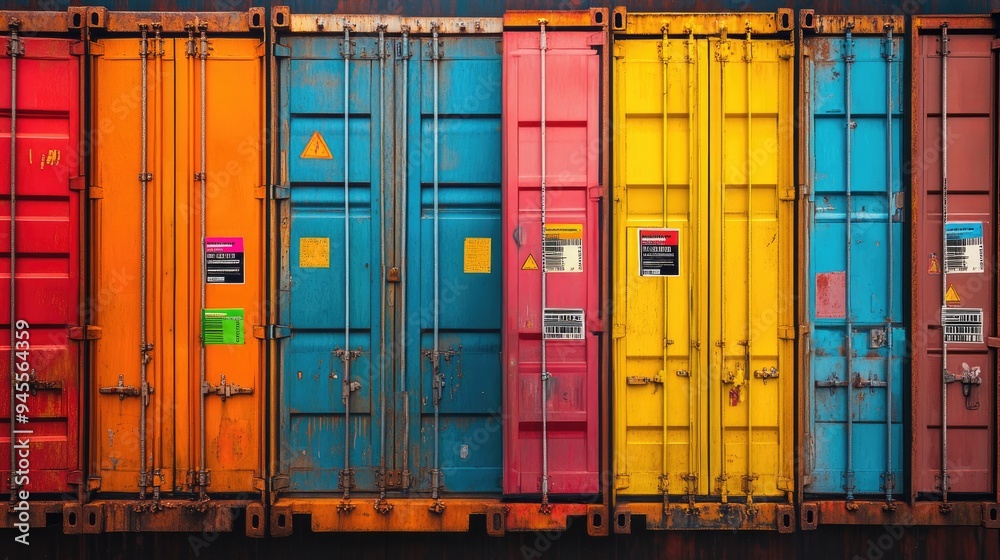 Shipping containers with barcodes, each representing goods from ...