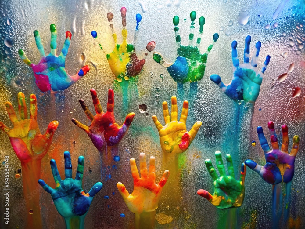 Smudged handprints in various sizes and shapes adorn a foggy mirror ...