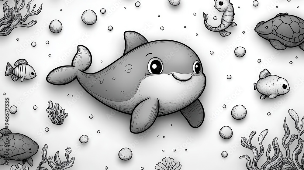 whimsical sea creature cartoon outlines on pristine white background ...