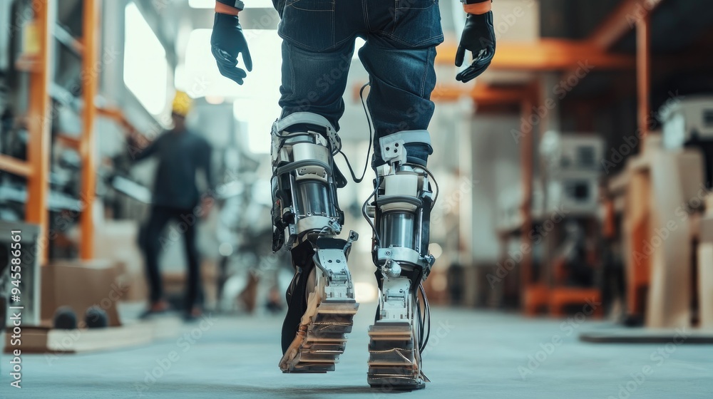 Robotic exoskeleton assisting a person in lifting heavy objects with ...