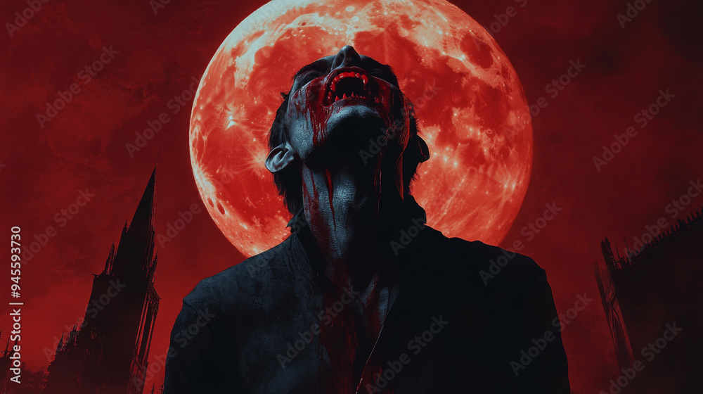 Vampire with blood dripping from their fangs, standing beneath a full ...