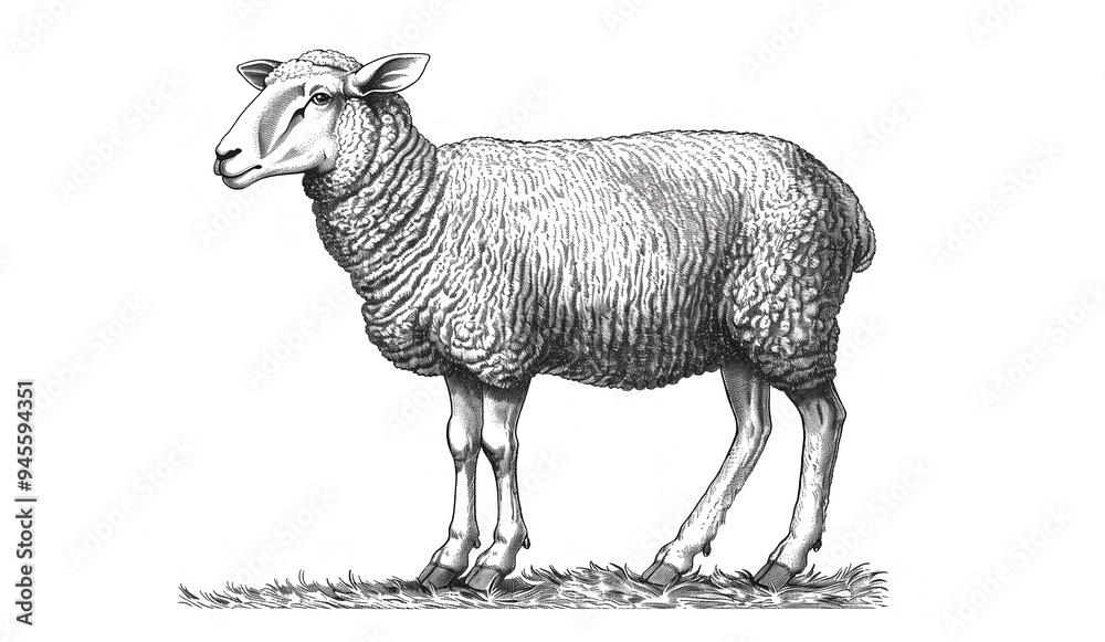 Sheep, lamb. Vintage retro print, black white sheep lamb sketch ink ...