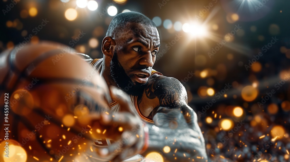 Photo-realistic basketball player making a three-point shot, intense ...