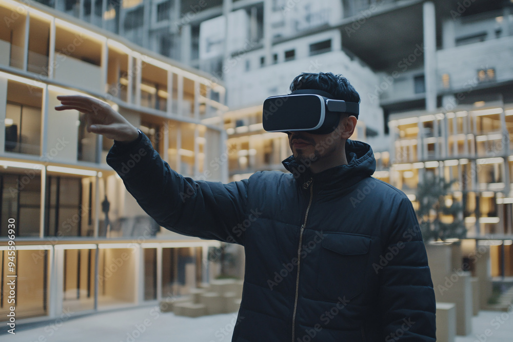 Urban Metaverse Explorer: A young man engrossed in a VR experience ...