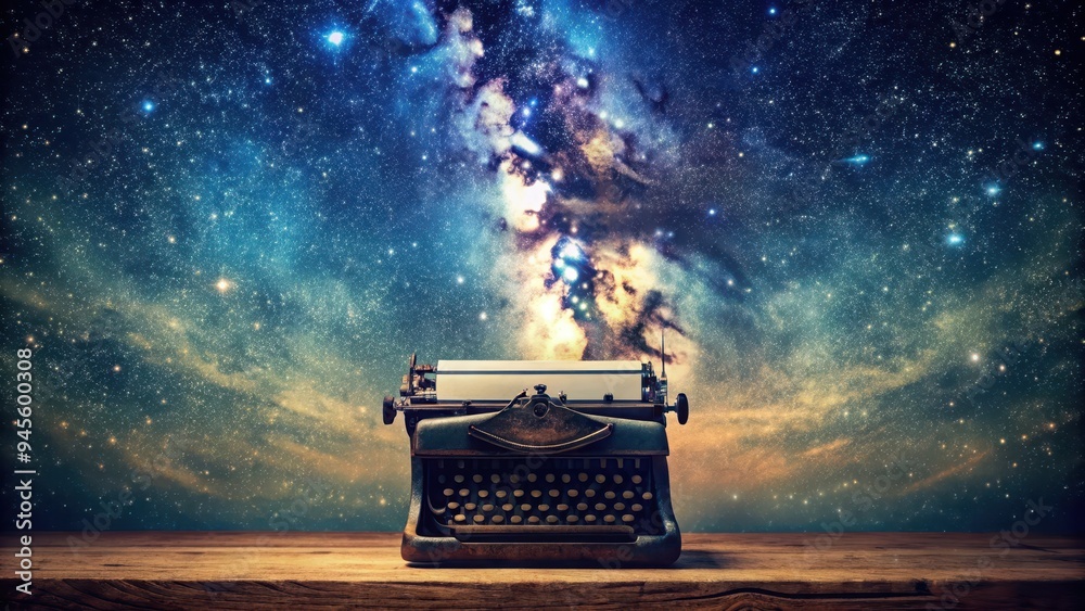 Vintage typewriter with a starry night sky background and retro filter ...