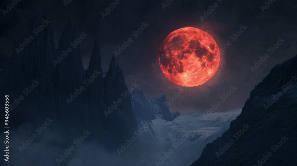 A vampire's pale skin glowing in the light of a blood moon, with dark ...