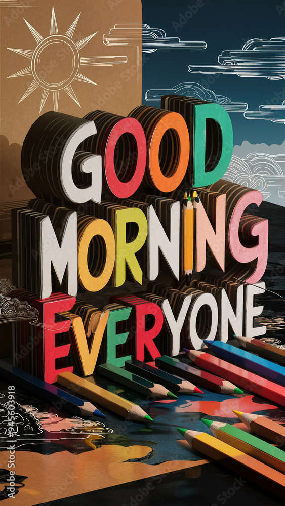 Colorful 3D letters spell out "Good Morning Everyone" on a surface ...