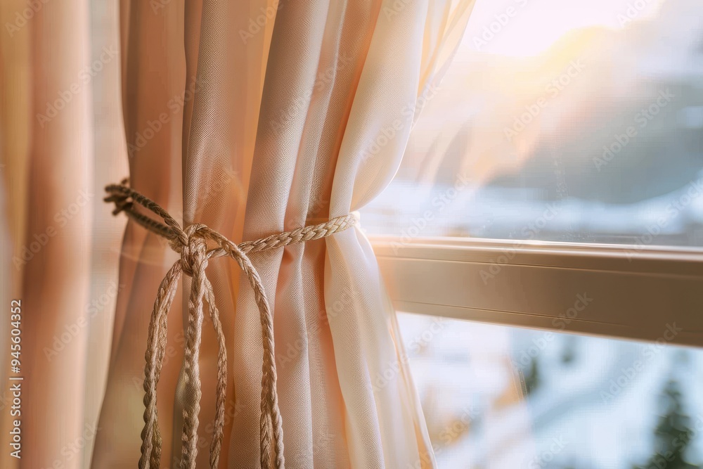 a curtain tied up with sunlight from outside window frame a curtain ...