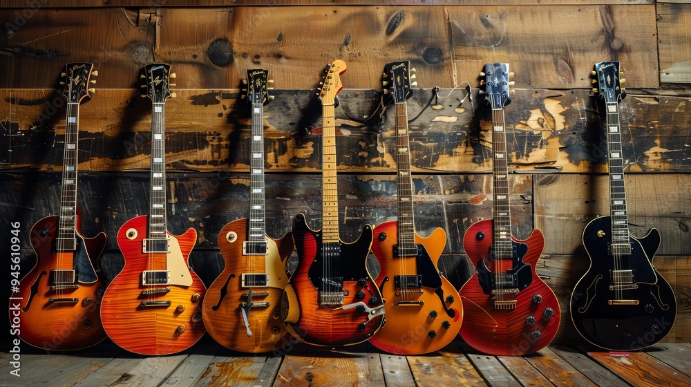 Strike a chord with a group photo of electric guitars, each one ready ...