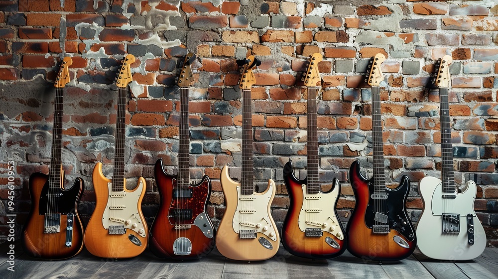 Strike a chord with a group photo of electric guitars, each one ready ...