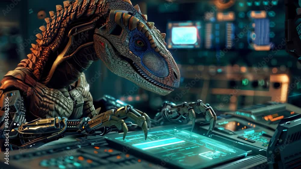A vibrant illustration showcases a T. rex set against a futuristic sci ...