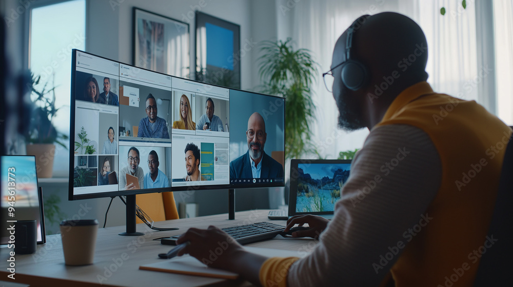 A group of professionals participating in a virtual meeting from their ...