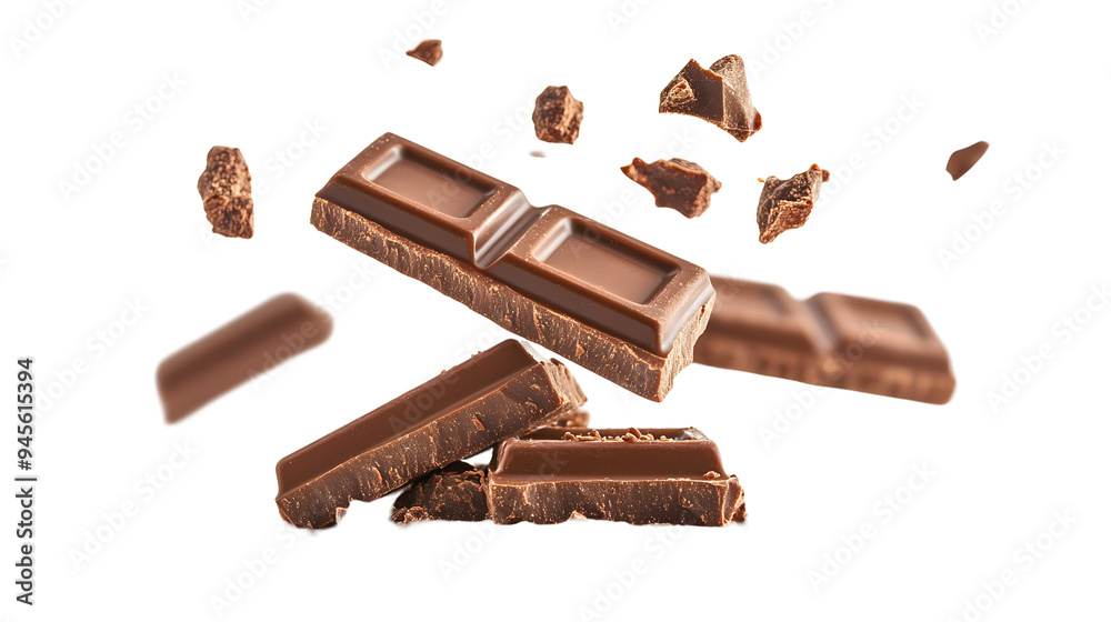 Set of Chocolate bar wafer falling with choc flake in the air isolated ...