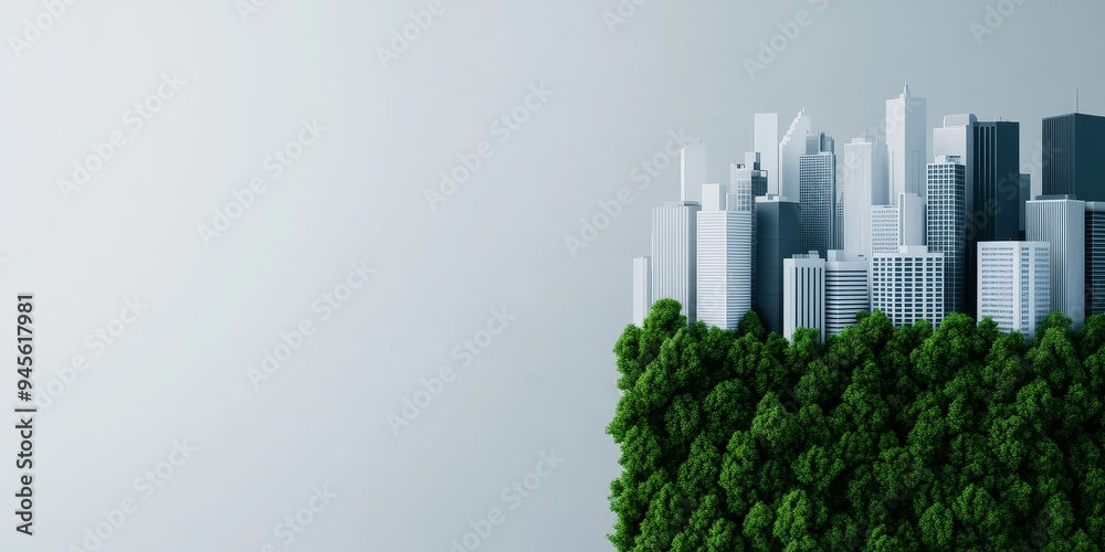 sustainable urban development concept - cityscape emerging from lush ...