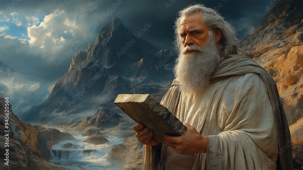 Moses Holding Stone Tablets on a Majestic Mountaintop, Illuminated by ...