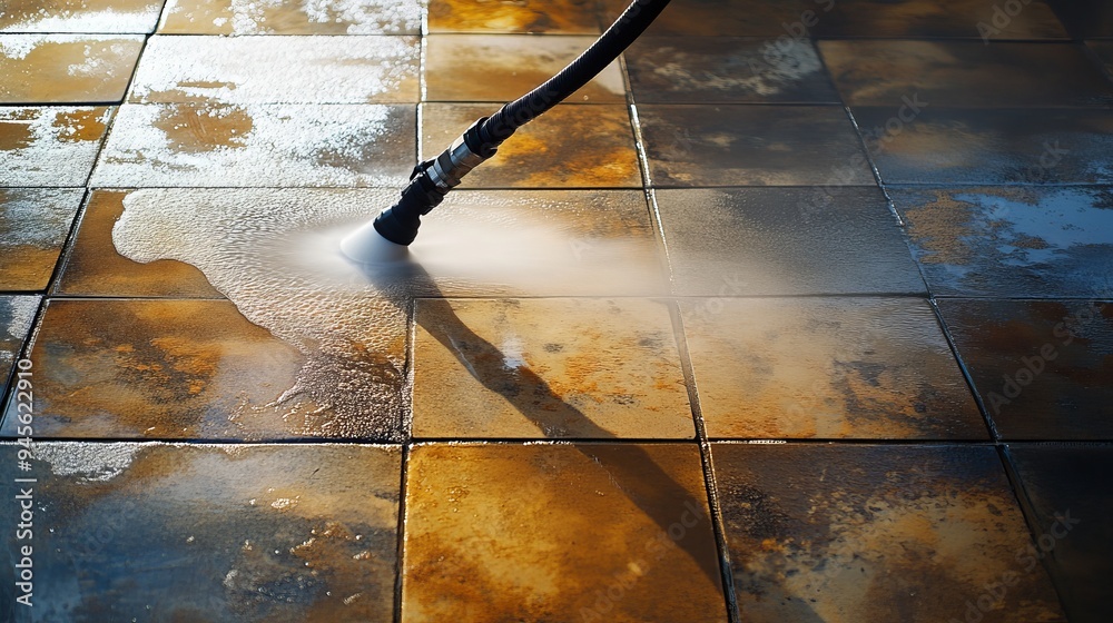 A dirty floor being cleaned by a high-pressure washer, water spray ...