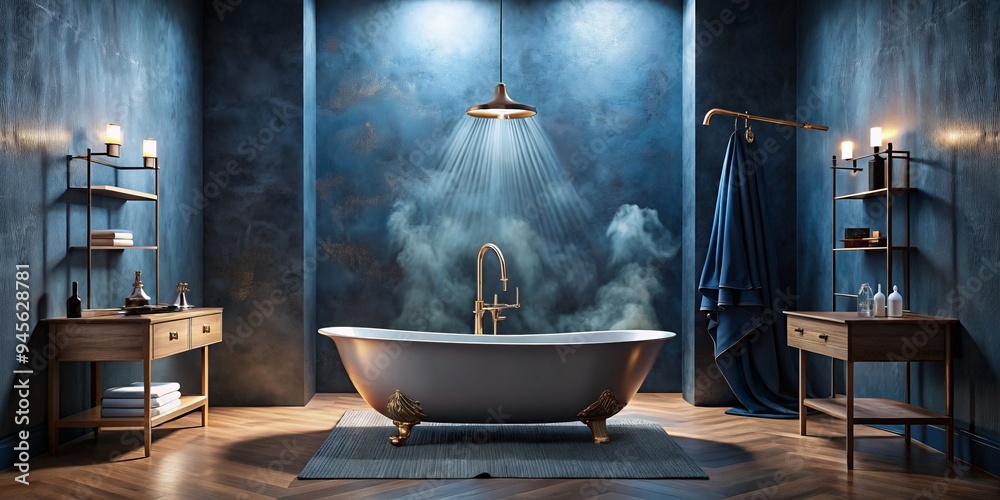 Moody dramatic ambiance of a luxurious freestanding tub shower unit ...