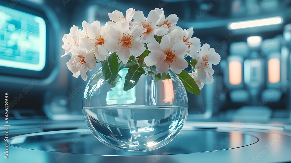 Elegant vase floating in zero gravity, flowers and water hanging in mid-air, set against a ...