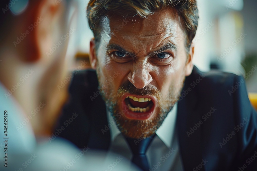 A frustrated businessman in a modern office, gesturing animatedly as he ...