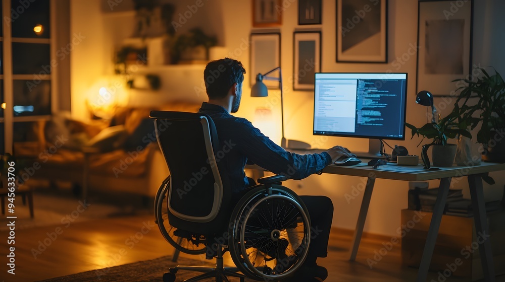 Remote working. a disabled person with a physical disability in a ...