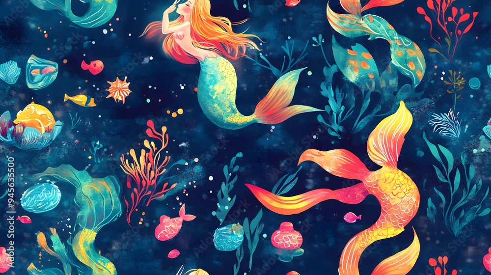 seamless design of magical mermaids and underwa. Seamless design of ...