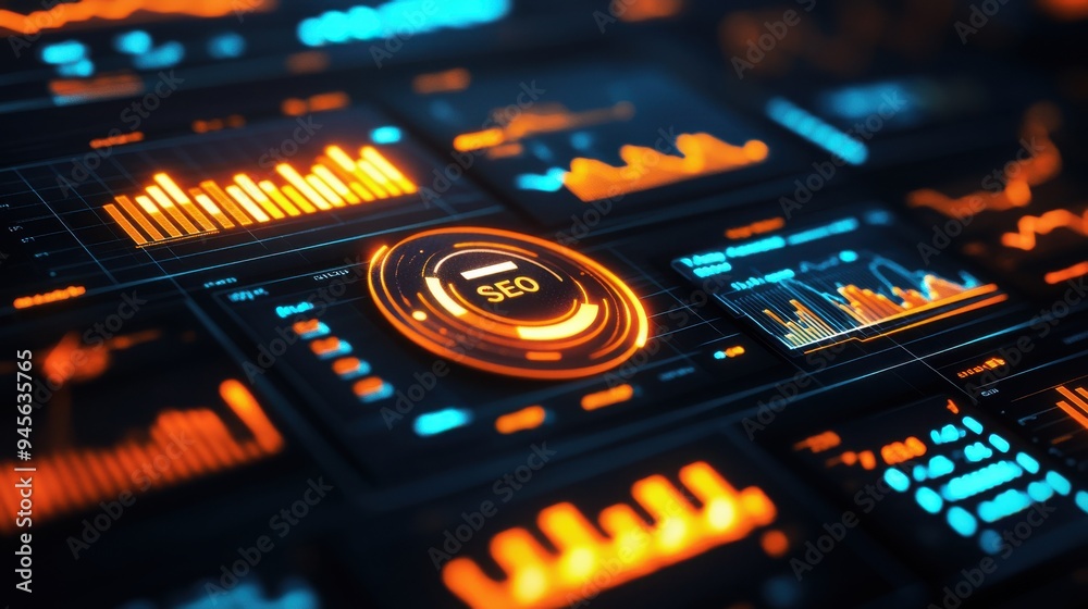 Futuristic dashboard with vibrant graphs and analytics displays, showcasing performance metrics ...