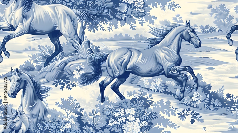 seamless tiled blue and white toile horse eques. A beautifully ...