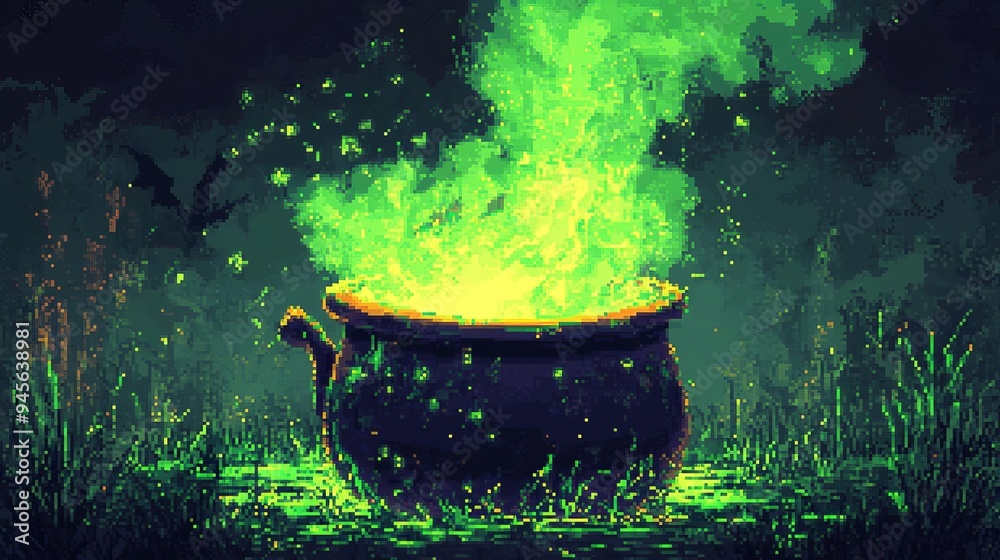 8-bit pixel witch s cauldron bubbling with neon-green liquid, Retro 8 ...