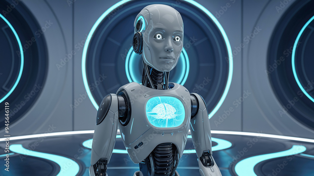 A cinematic shot of a robot with an AI nervous system. The robot is a ...