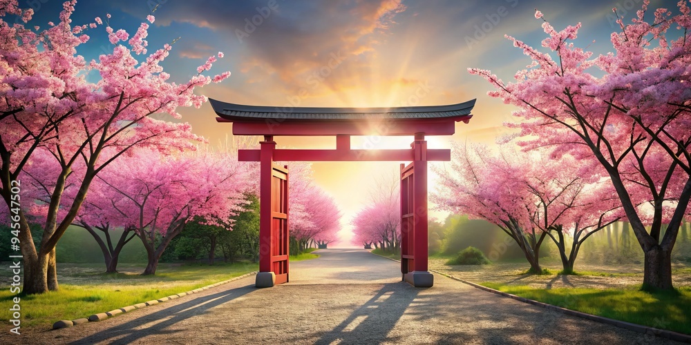 Vibrant pink hued morning gate opening to a blooming cherry blossom ...
