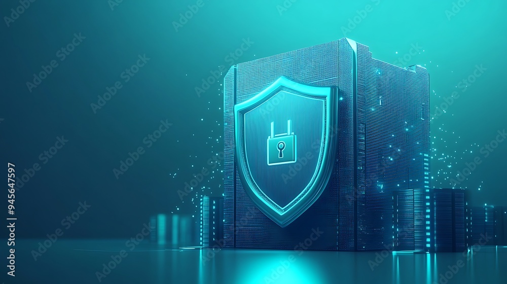 3D illustration of a secure server with a digital lock icon ...