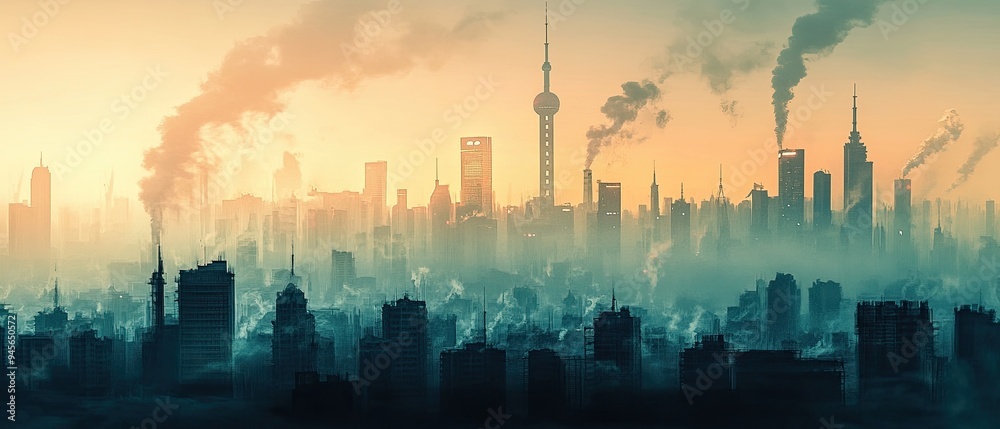 Choking air pollution over a bustling Asian metropolis, factories ...