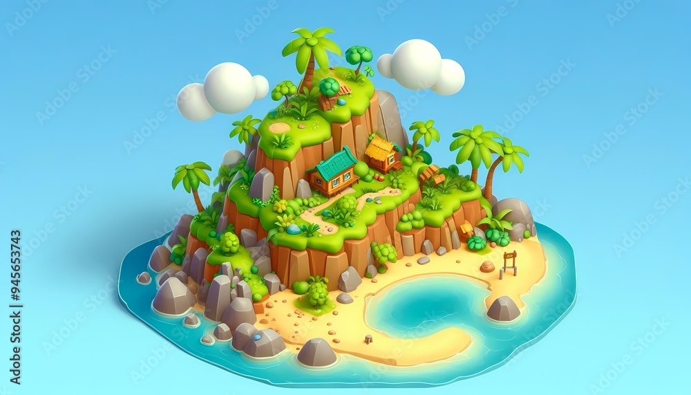3D cartoon model of an island featuring detailed textures, such as ...