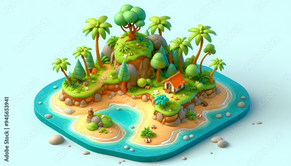 3D cartoon model of an island featuring detailed textures, such as ...