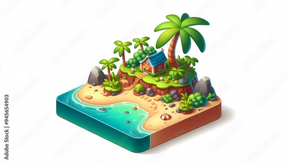 3D cartoon model of an island featuring detailed textures, such as ...