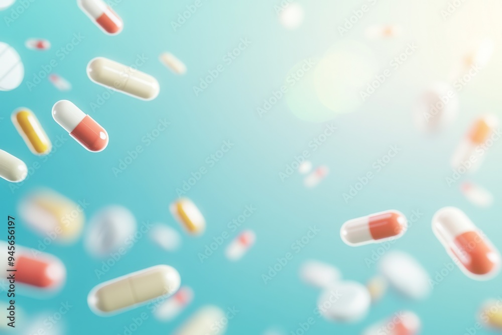 Multiple types of capsules and tablets are seen floating against a ...