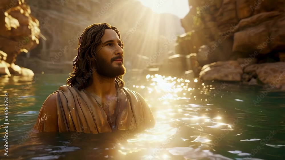 Baptism of Jesus Christ in the Jordan River, depicting a biblical scene ...