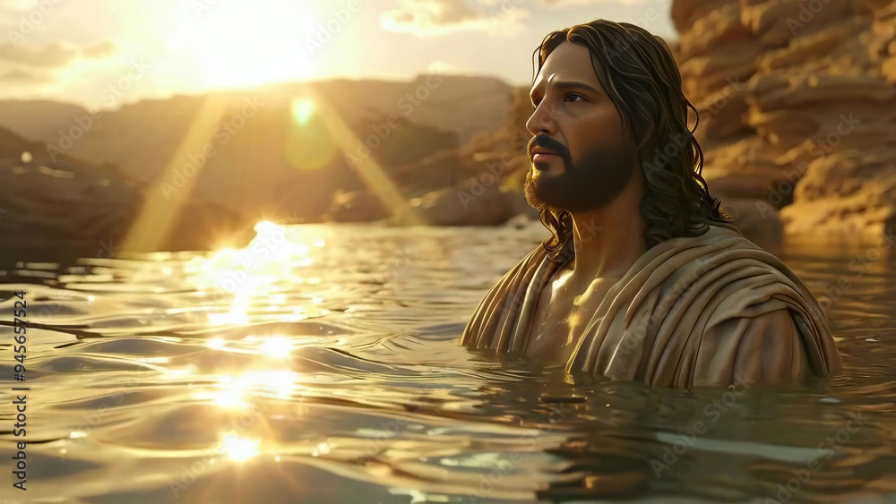 Baptism of Jesus Christ in the Jordan River, depicting a biblical scene ...