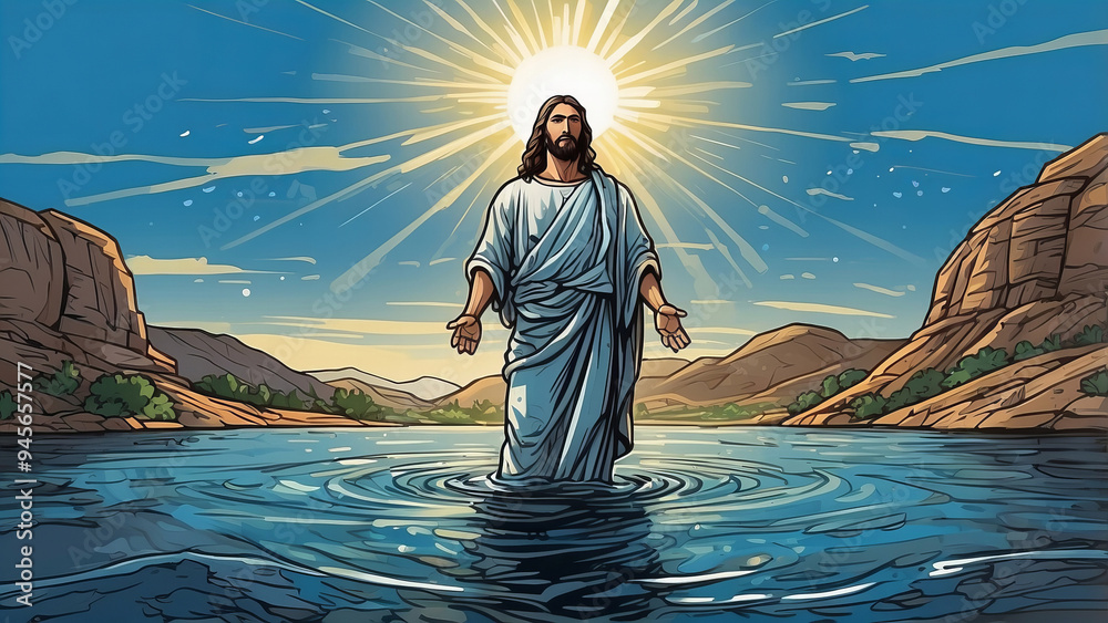 Baptism of Jesus Christ in the Jordan River, depicting a biblical scene ...