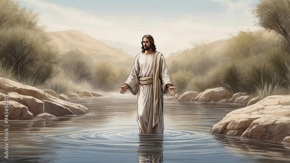 Baptism of Jesus Christ in the Jordan River, depicting a biblical scene ...