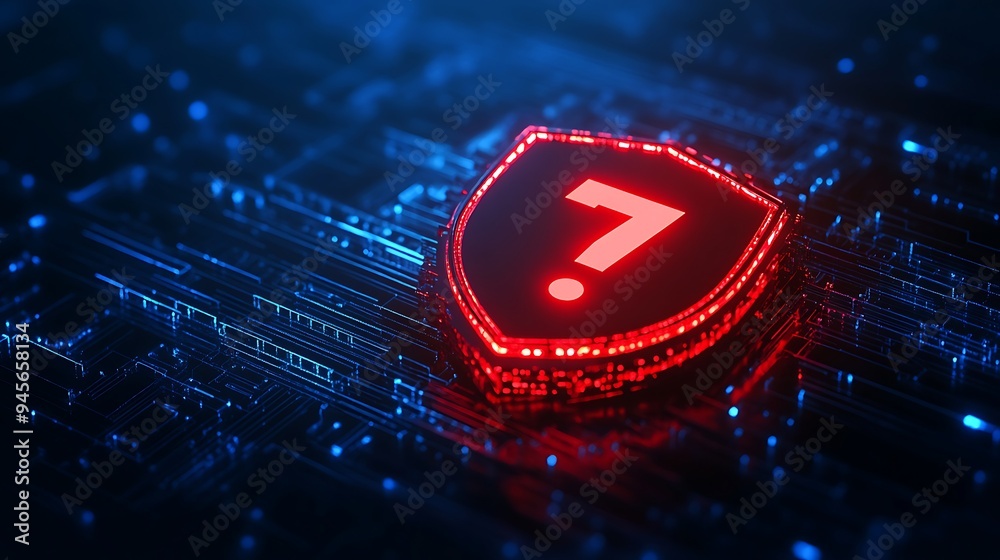 Digital cybersecurity threat symbol on a glowing shield icon with a ...