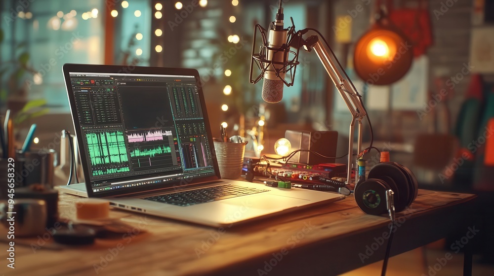 Podcast recording setup with laptop, microphone and headphones. Stock ...