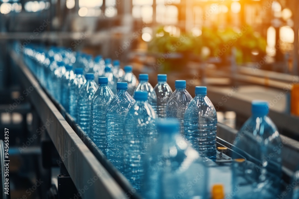 Rows of plastic bottles are neatly arranged on a conveyor system in a ...