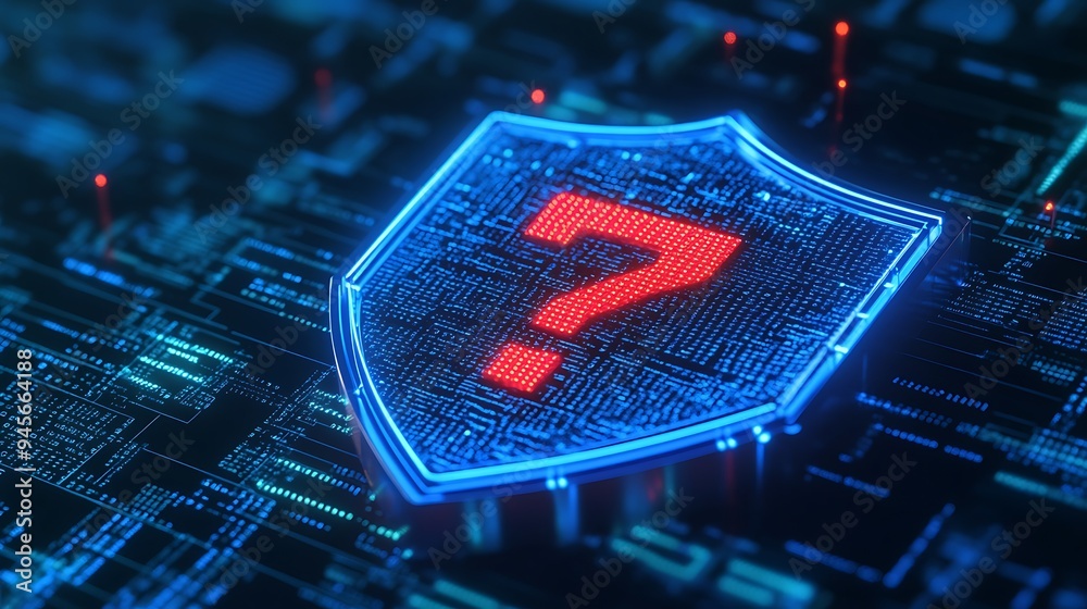 Digital security threat concept with a red question mark inside a blue ...